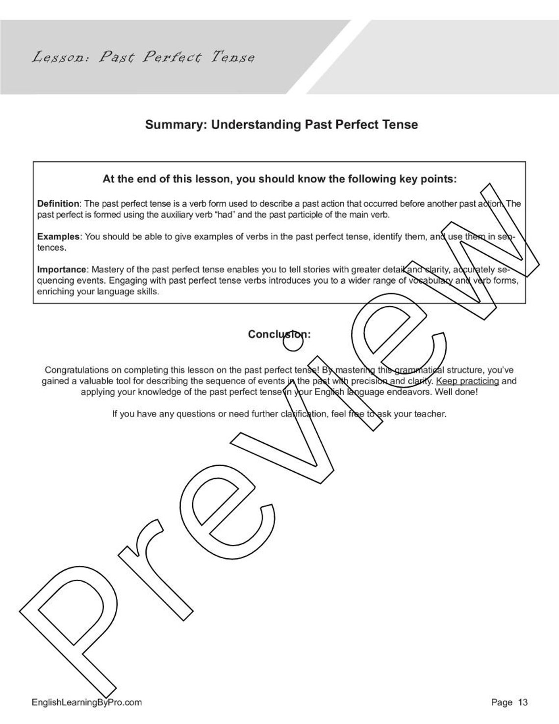 Past Perfect Tense Verbs Lesson: Introduction 3 Worksheets editable ...