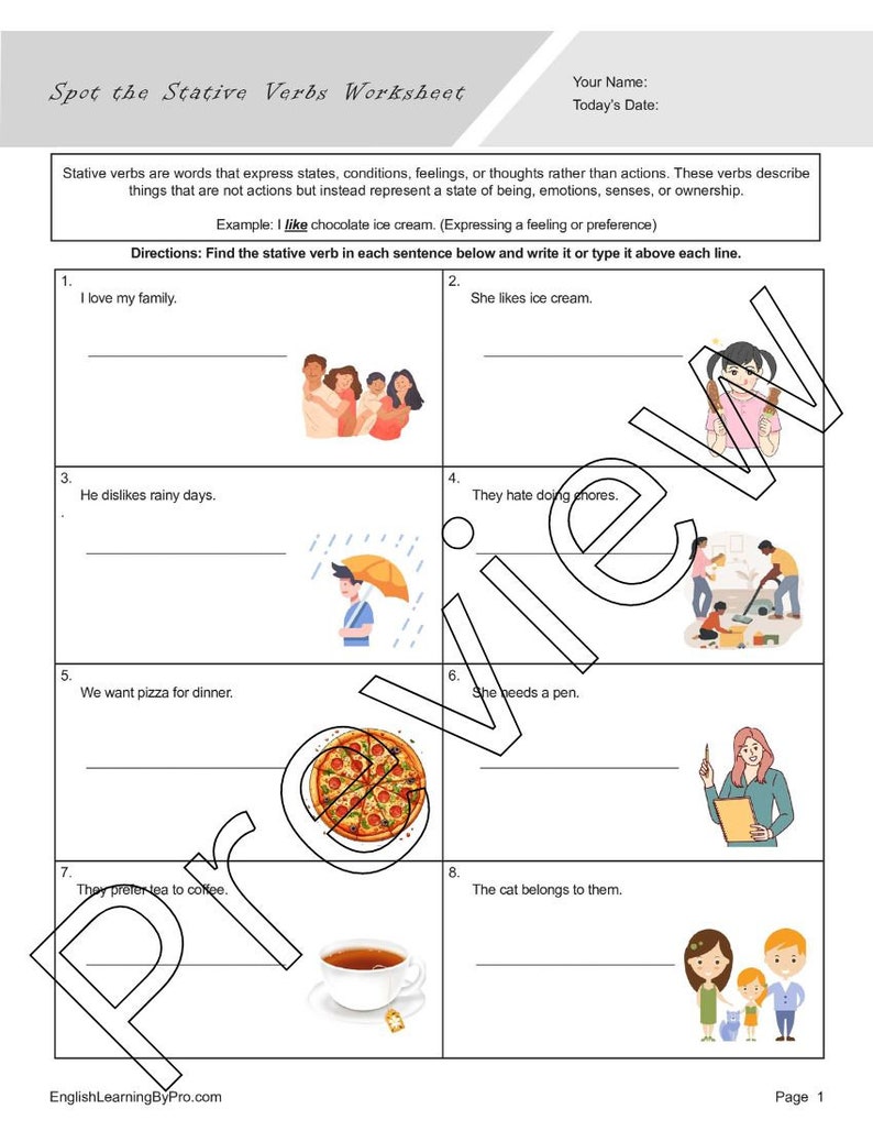 Stative Verbs Worksheets Bundle for English Learners and English ...