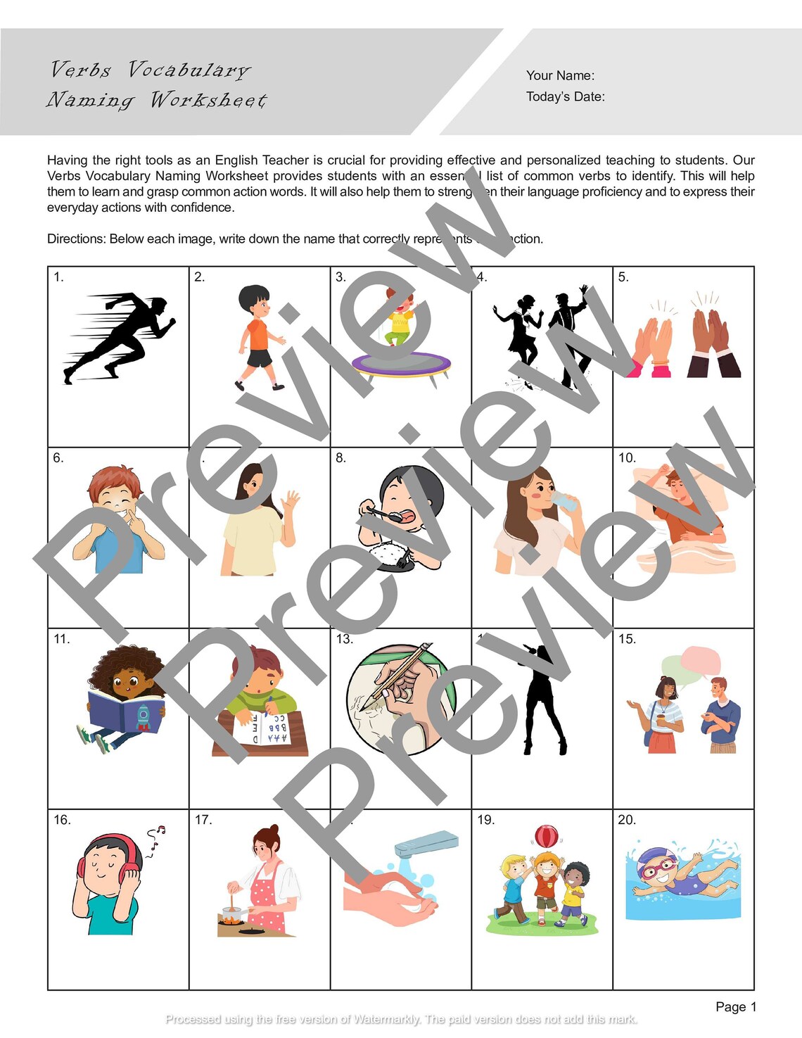 Verbs Vocabulary Naming Worksheet for English Learners and English ...