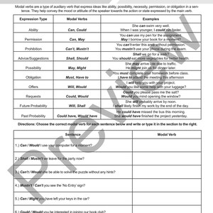 Modal Verbs Worksheets Bundle for English Learners and English Teachers ...