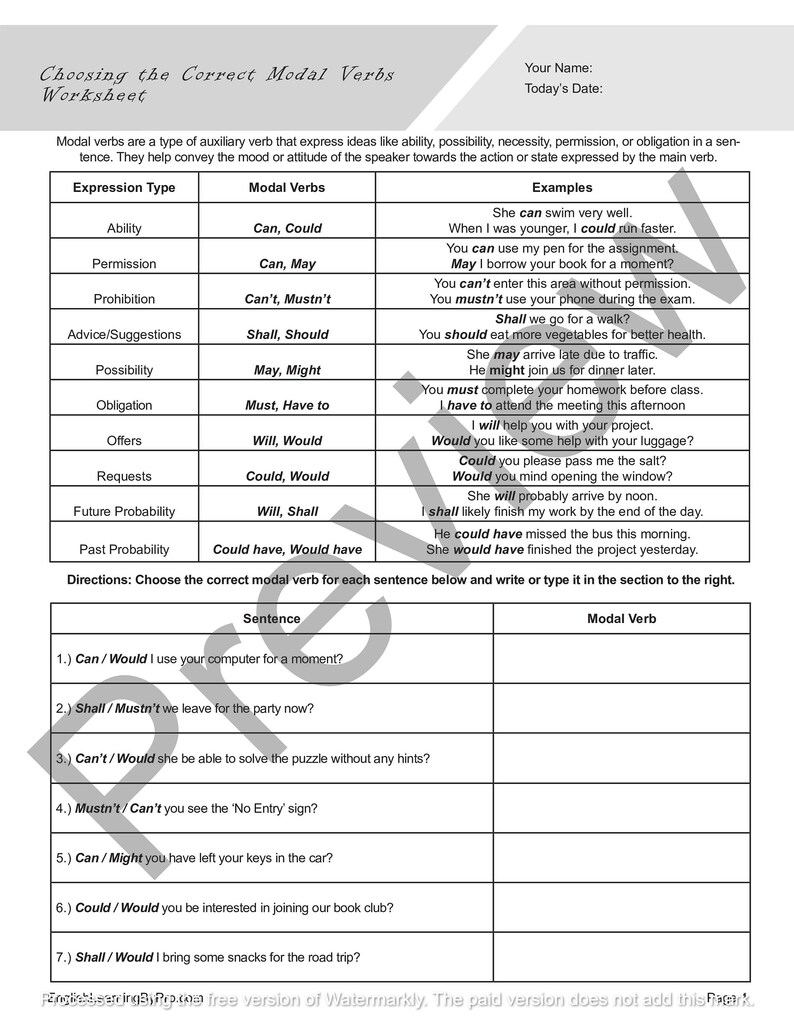 Modal Verbs Worksheets Bundle for English Learners and English Teachers ...