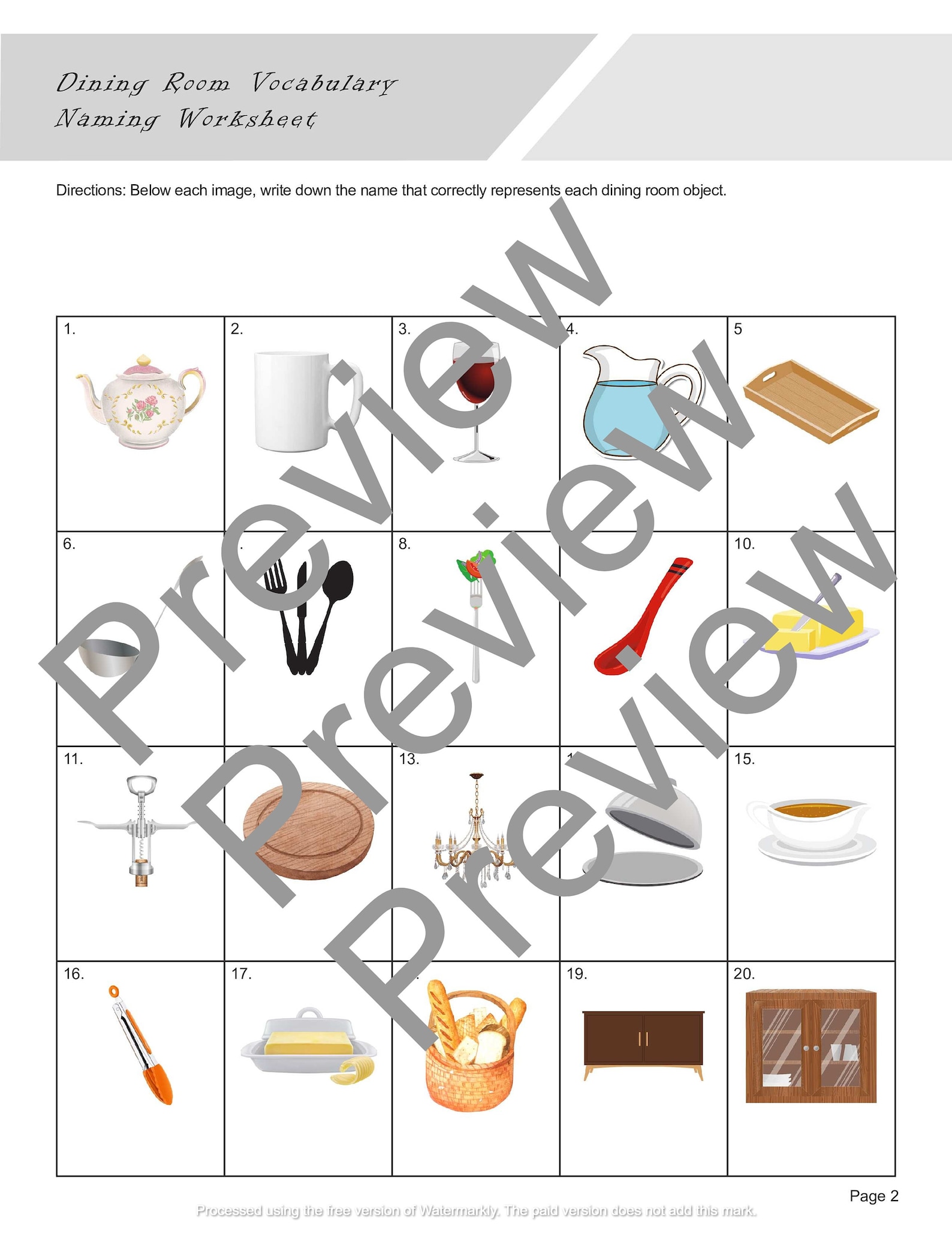 Dining Room Vocabulary Naming Worksheet for English Learners and ...