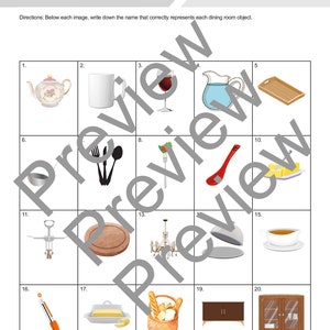 Dining Room Vocabulary Naming Worksheet for English Learners and ...