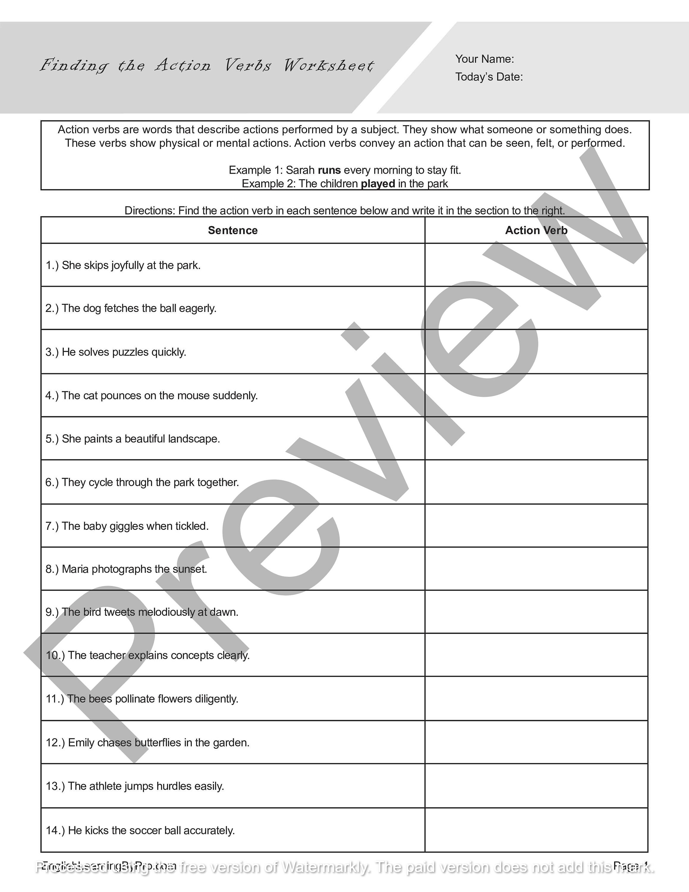 Action Verbs Worksheets Bundle for English Learners and English ...