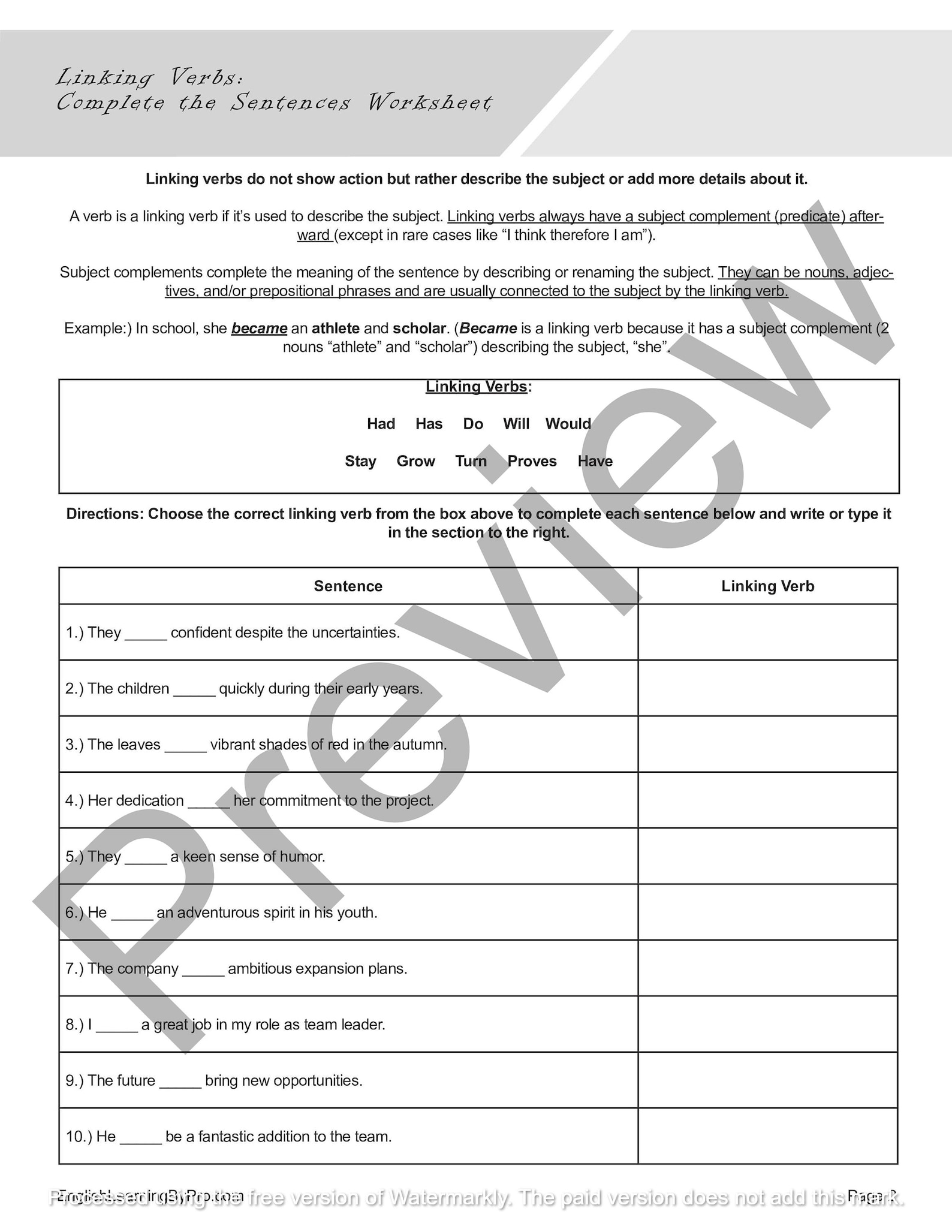 Linking Verbs Worksheets Bundle for English Learners and English ...