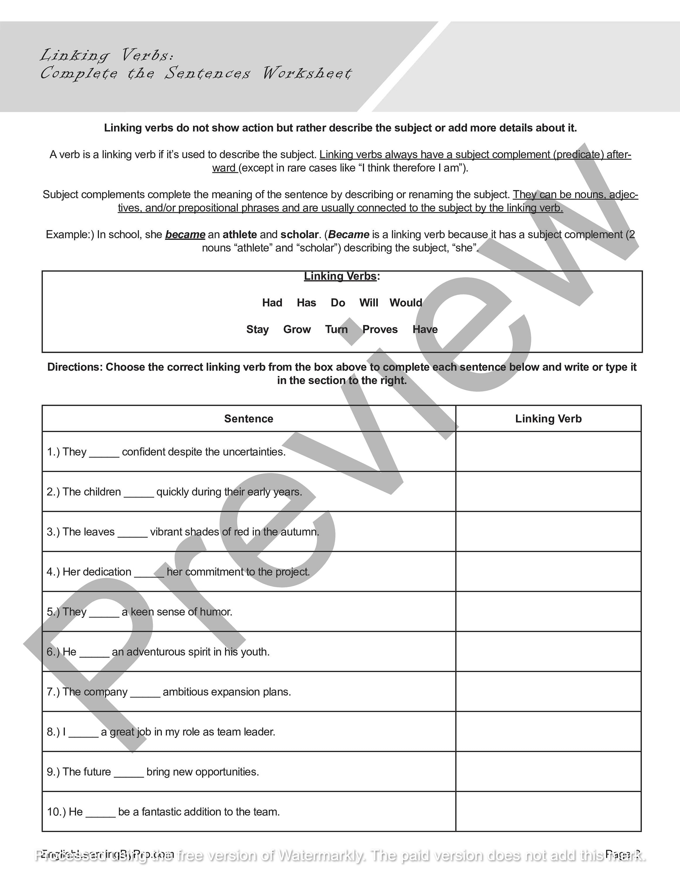 Linking Verbs Worksheets Bundle for English Learners and English ...