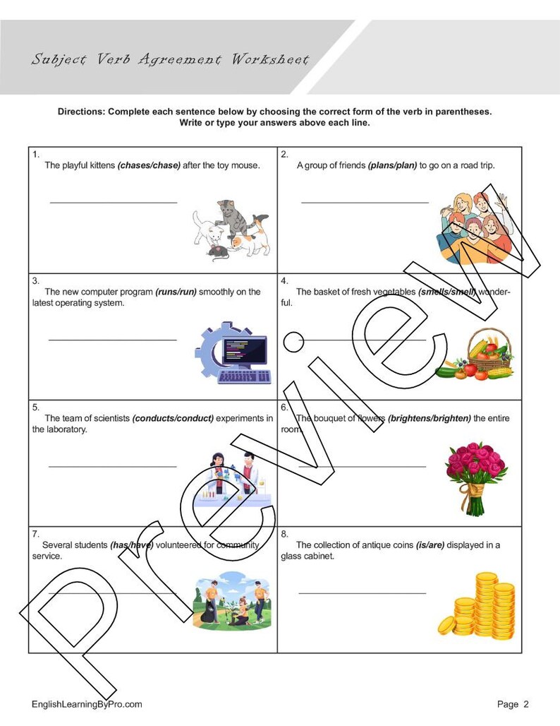 Subject Verb Agreement Worksheets for English Learners and English ...