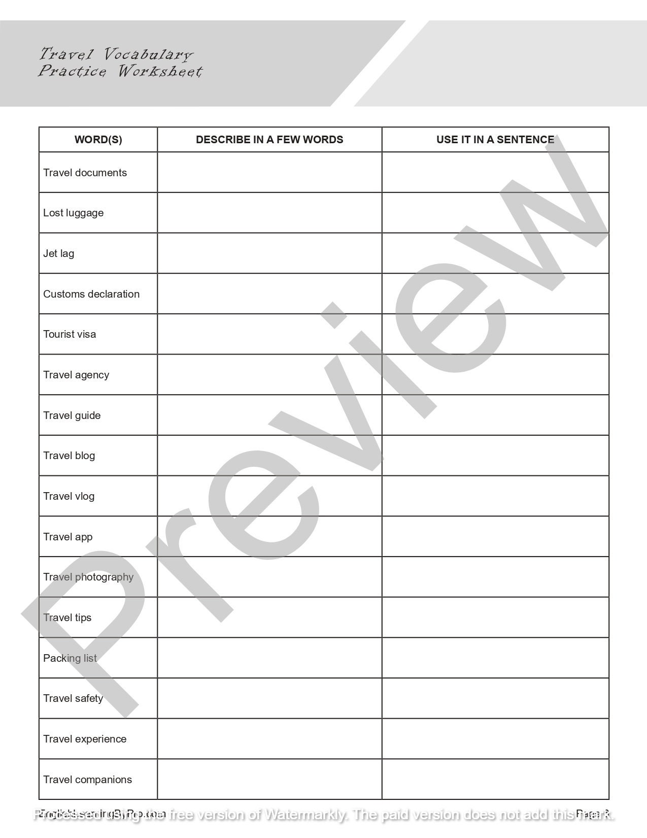Travel Vocabulary Practice Worksheet for English Learners and English ...