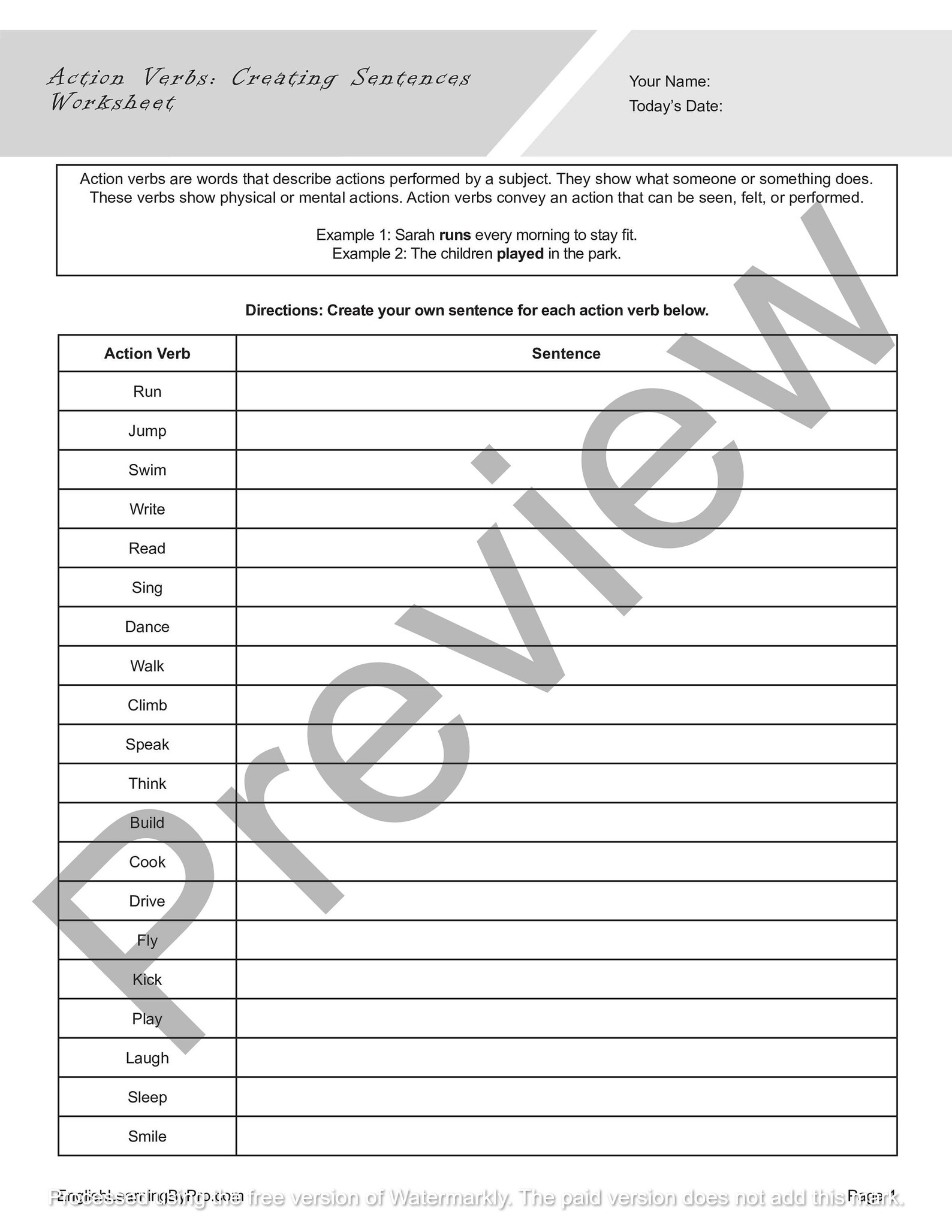 Action Verbs Worksheets Bundle for English Learners and English ...