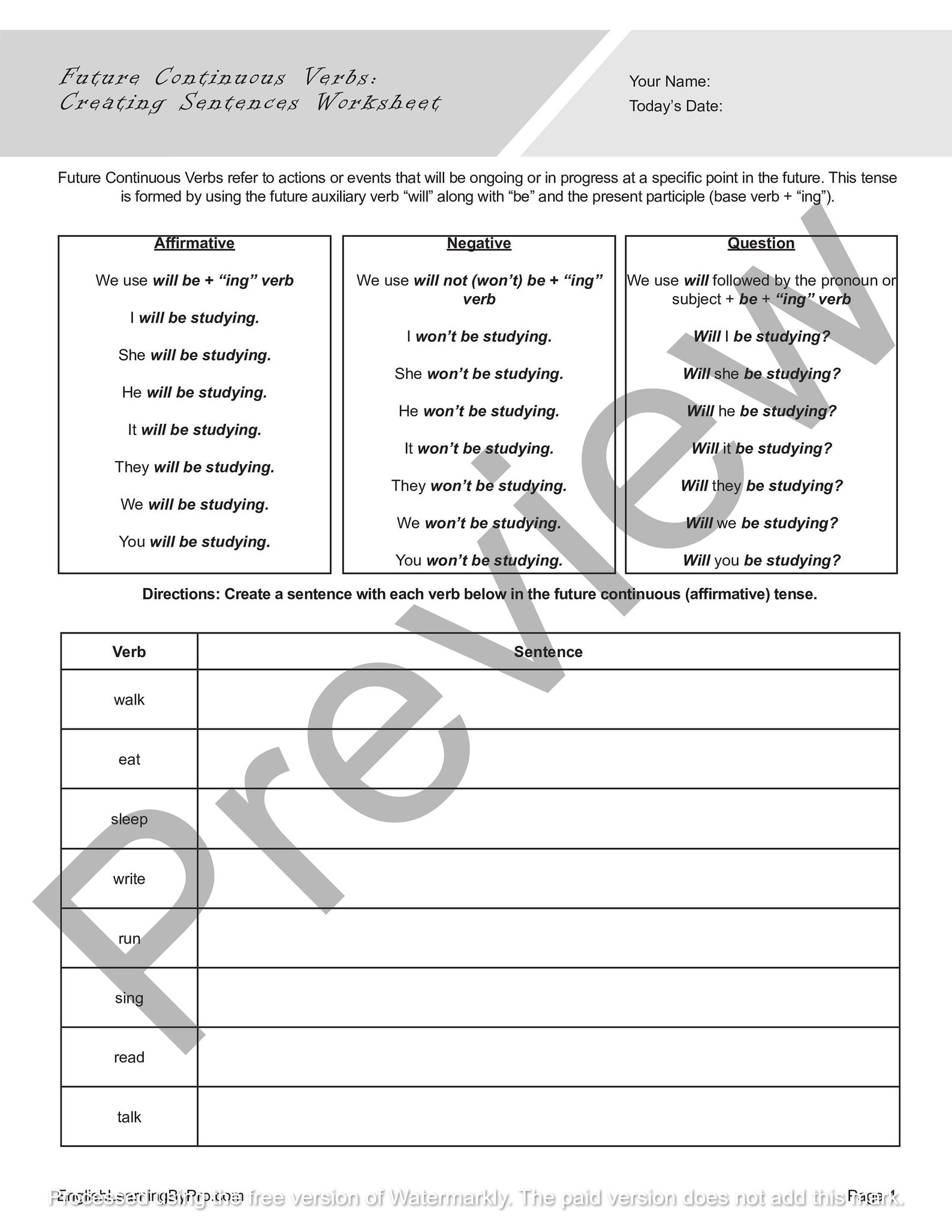 Future Continuous Verbs Worksheets Bundle for English Learners and ...