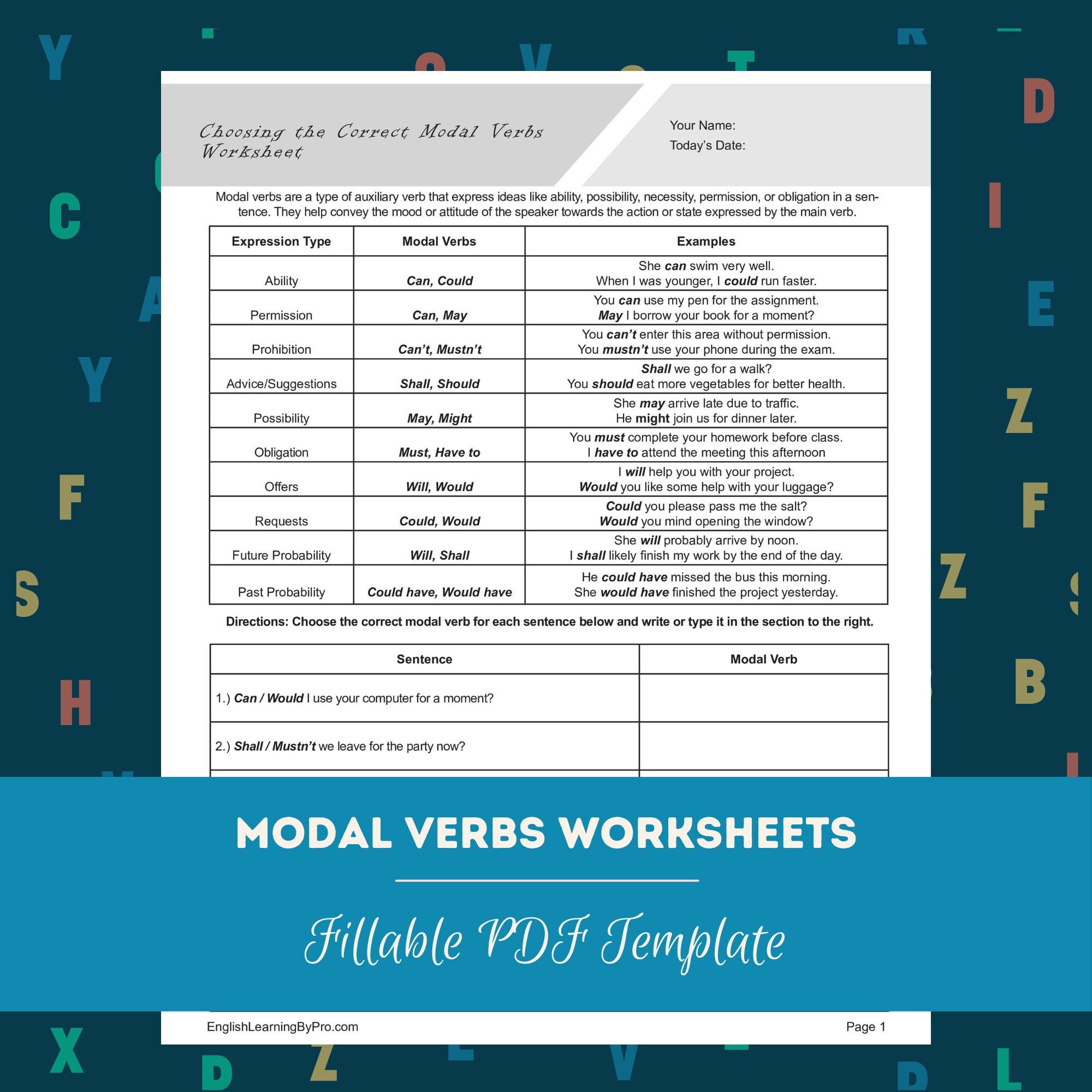 Modal Verbs Worksheets Bundle for English Learners and English Teachers ...