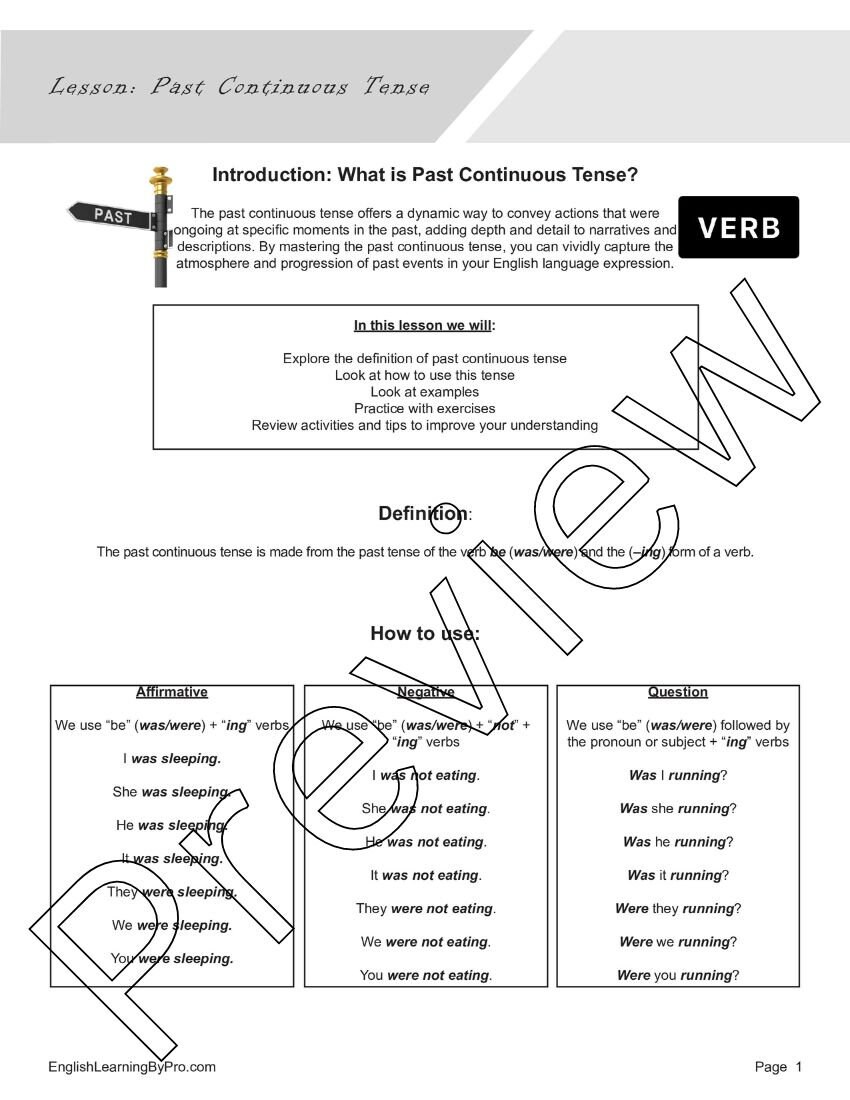 Past Continuous Tense Verbs Lesson: Introduction 3 Worksheets editable ...