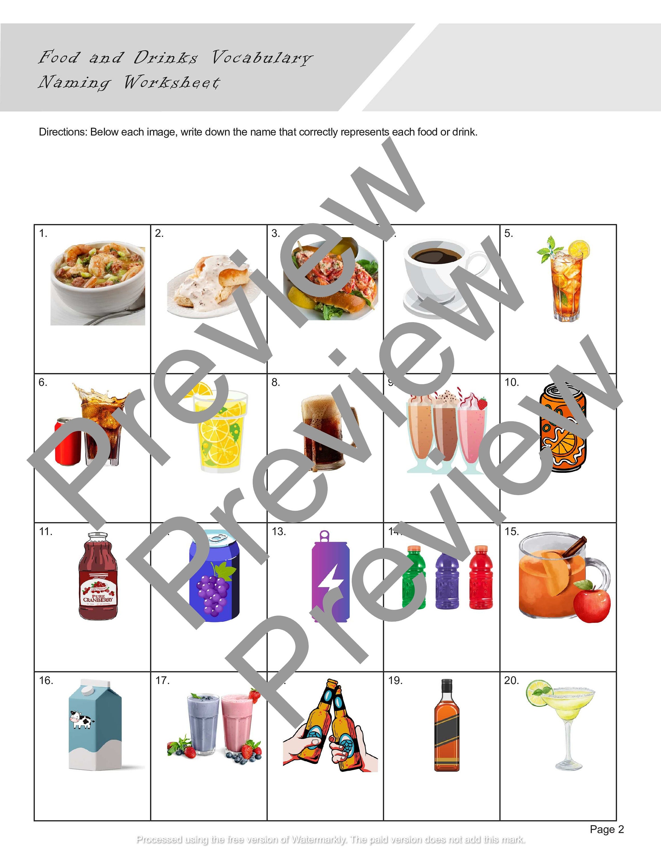 Food and Drinks Vocabulary Naming Worksheet for English Learners and ...