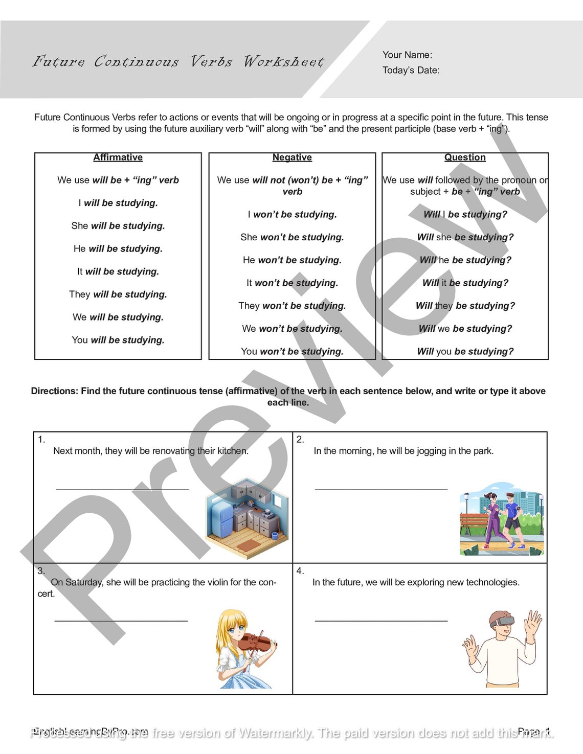 Future Continuous Verbs Worksheets Bundle for English Learners and ...