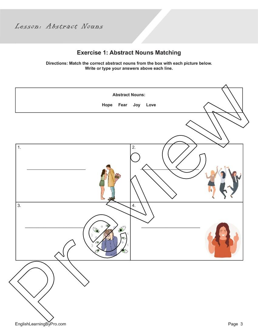 Abstract Nouns Lesson: Introduction + 4 Worksheets (editable, Fillable ...