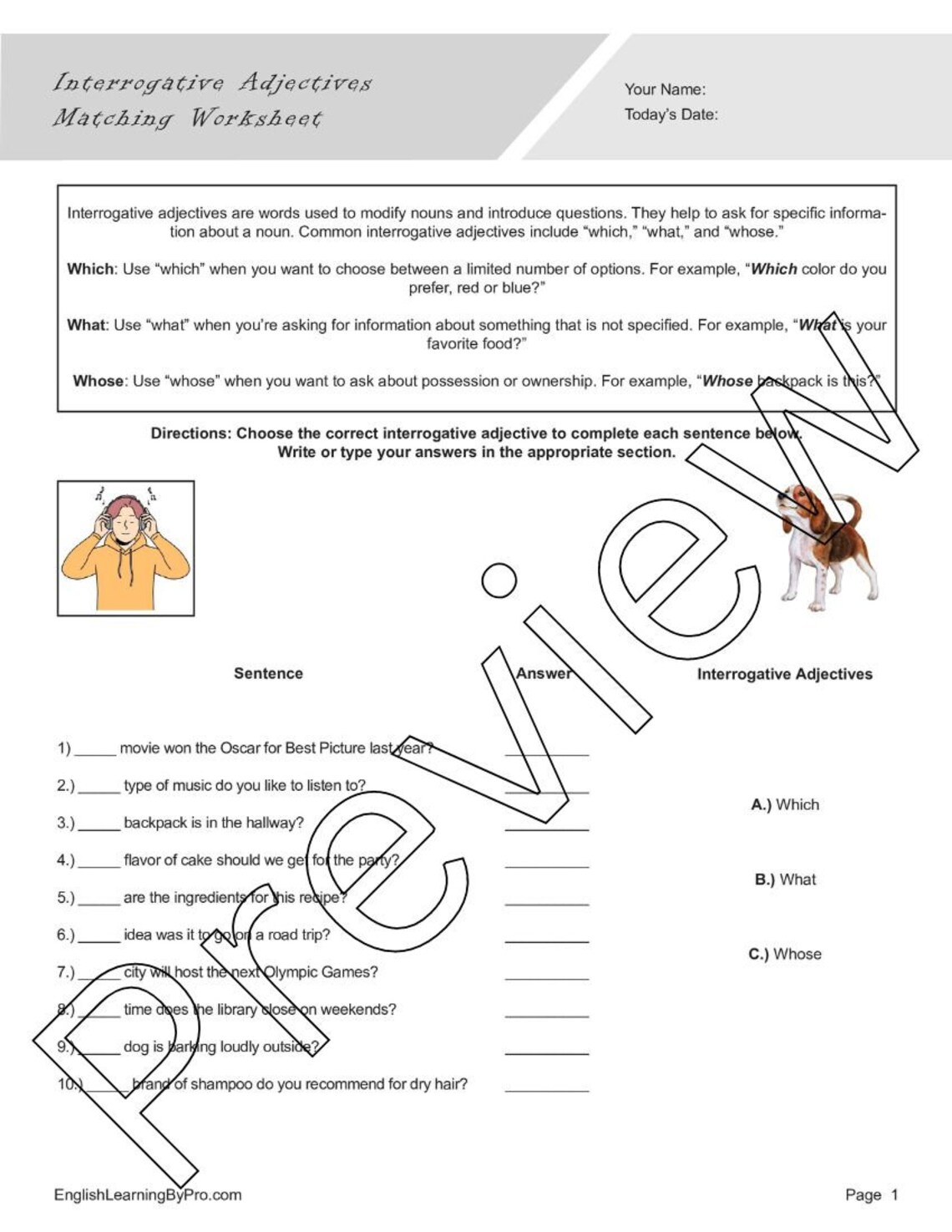Interrogative Adjectives Worksheets Bundle for English Learners and ...