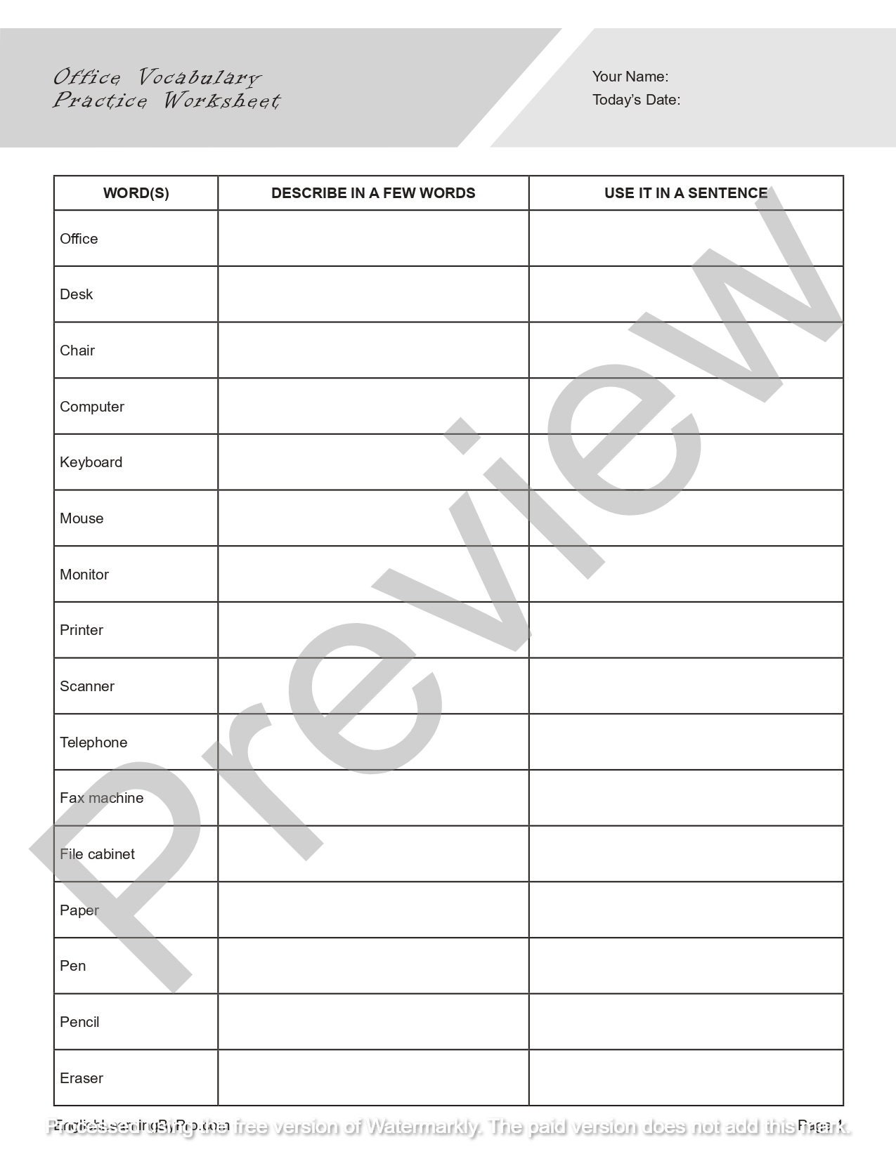 Office Vocabulary Practice Worksheet for English Learners and English ...