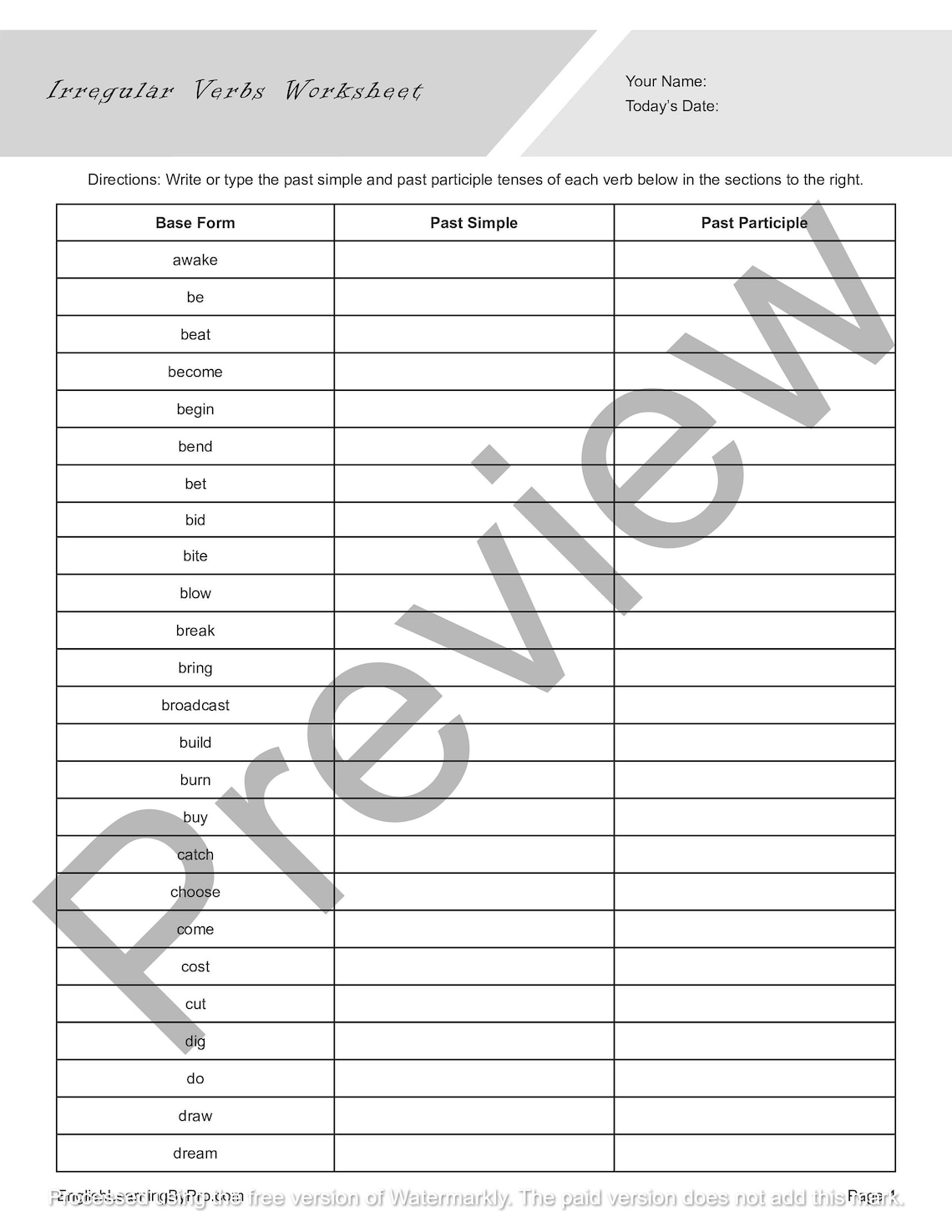 Irregular Verbs Worksheets Bundle for English Learners and English ...