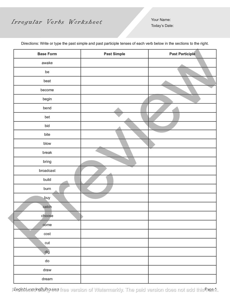 Irregular Verbs Worksheets Bundle for English Learners and English ...