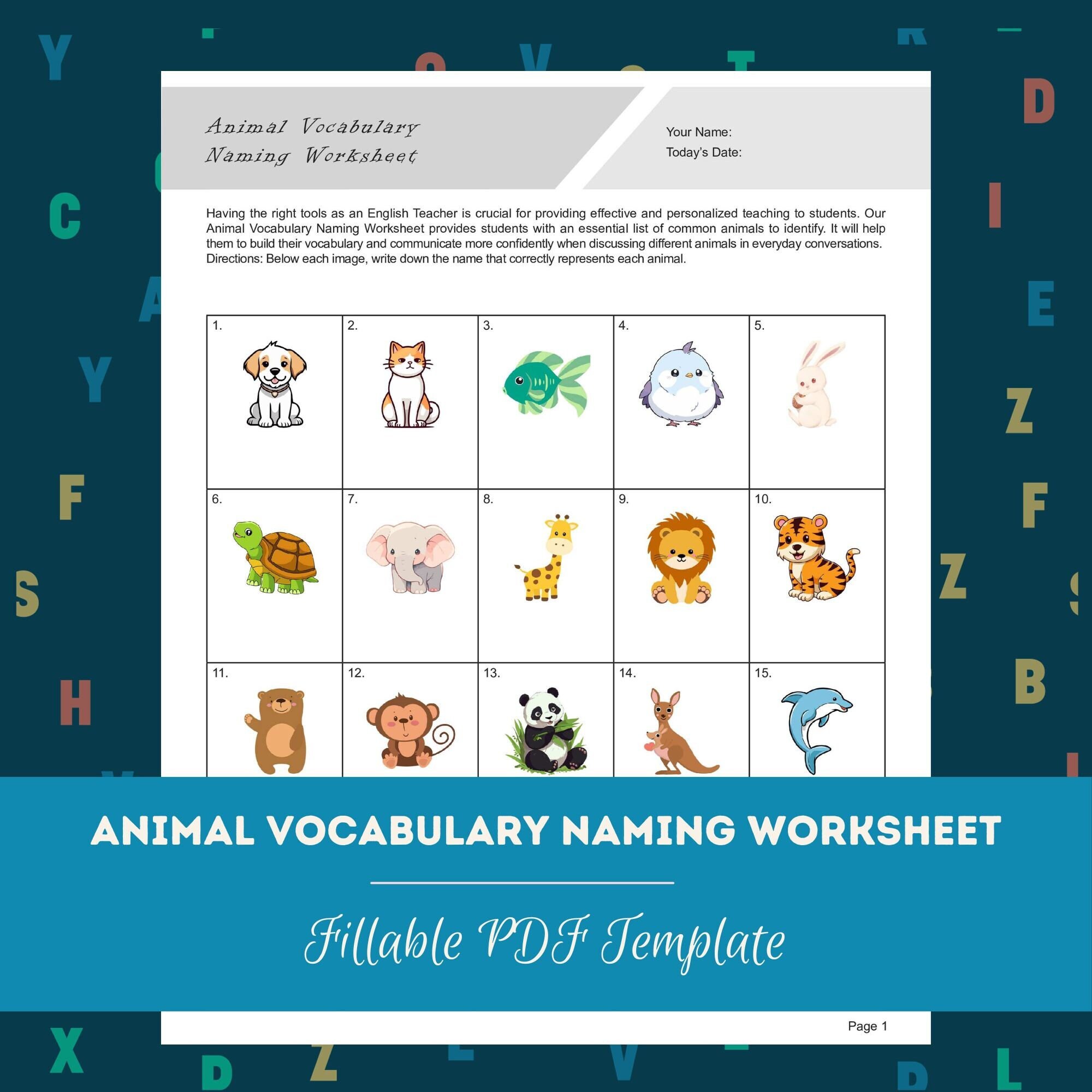 Animal Vocabulary Naming Worksheet for English Learners and English ...
