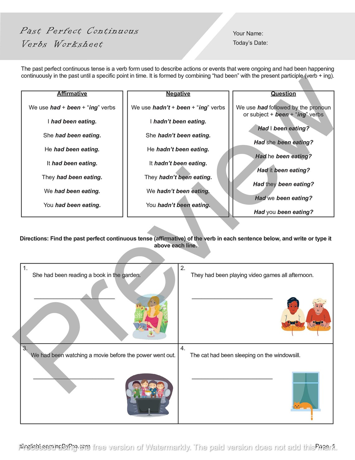 Past Perfect Continuous Worksheets Bundle for English Learners and ...