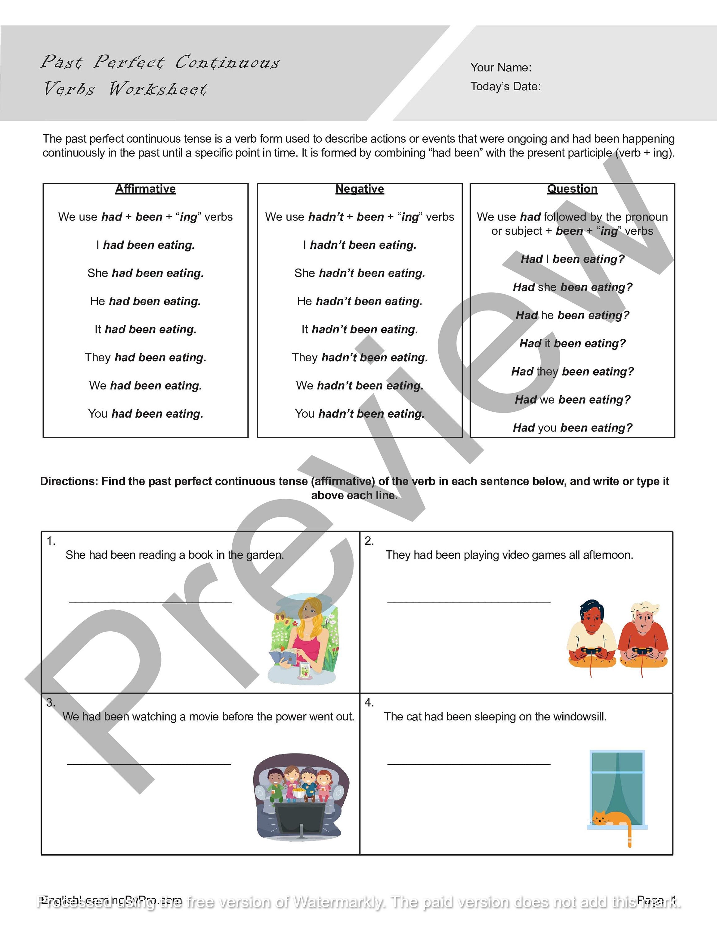 Past Perfect Continuous Worksheets Bundle for English Learners and ...