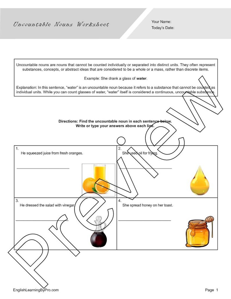 Uncountable Nouns Worksheets Bundle for English Learners and English ...