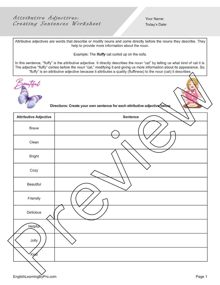 Attributive Adjectives Worksheets Bundle for English Learners and ...
