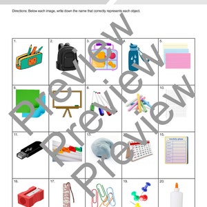 School Supplies Vocabulary Naming Worksheet for English Learners and ...