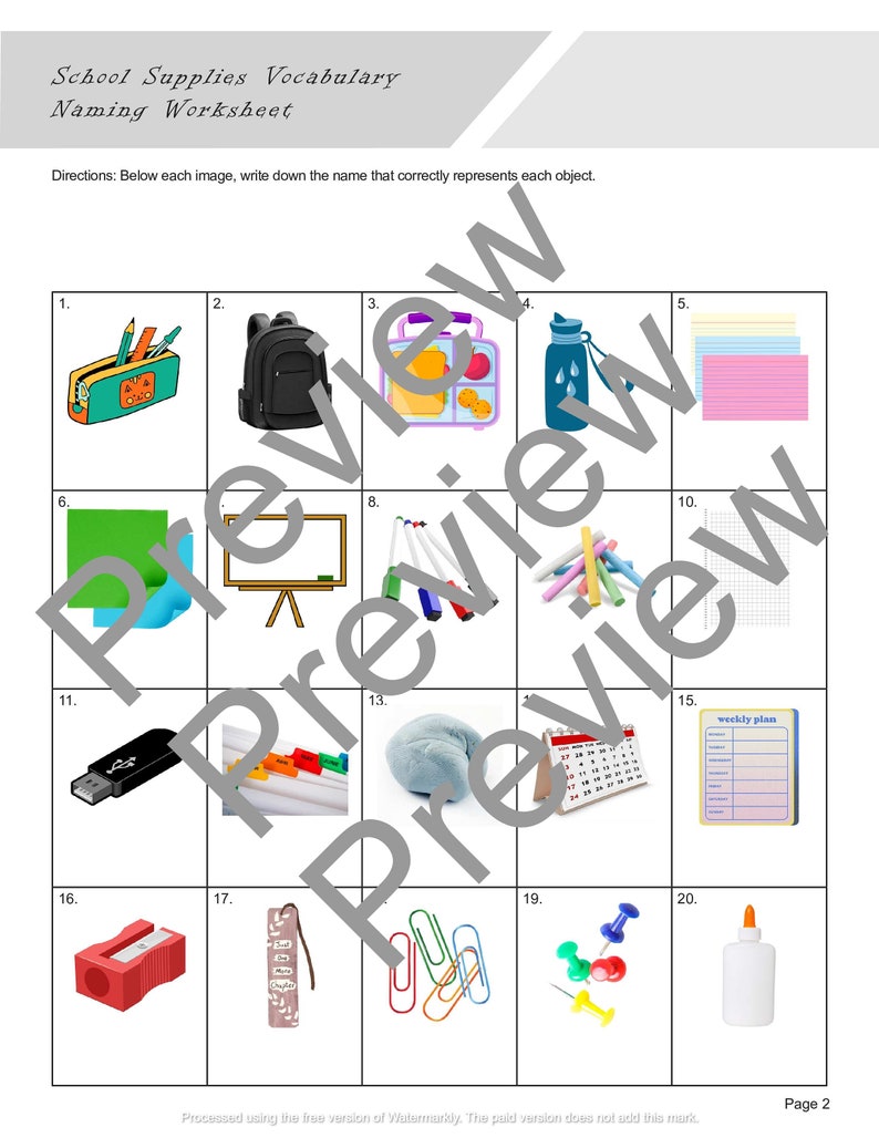 School Supplies Vocabulary Naming Worksheet for English Learners and ...
