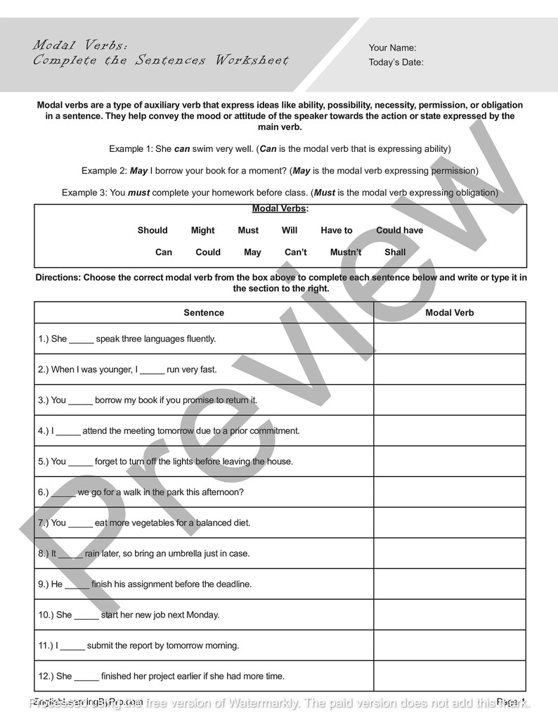 Modal Verbs Worksheets Bundle for English Learners and English Teachers ...
