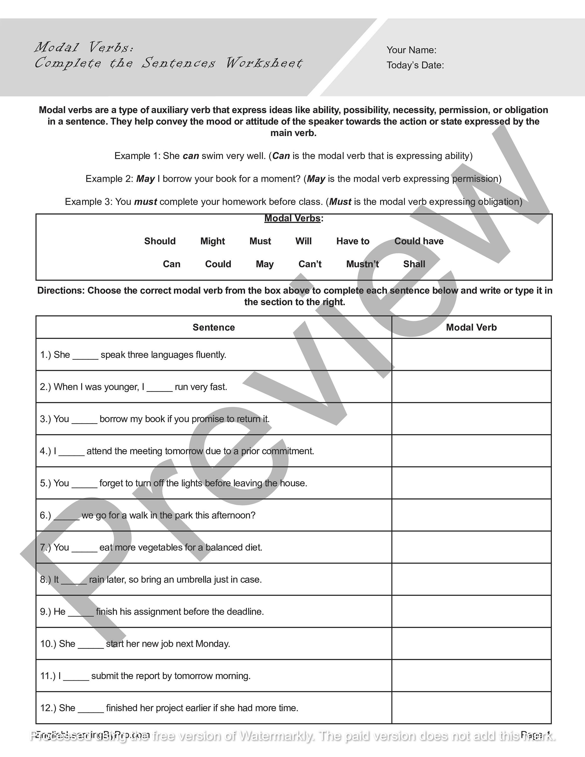 Modal Verbs Worksheets Bundle for English Learners and English Teachers ...