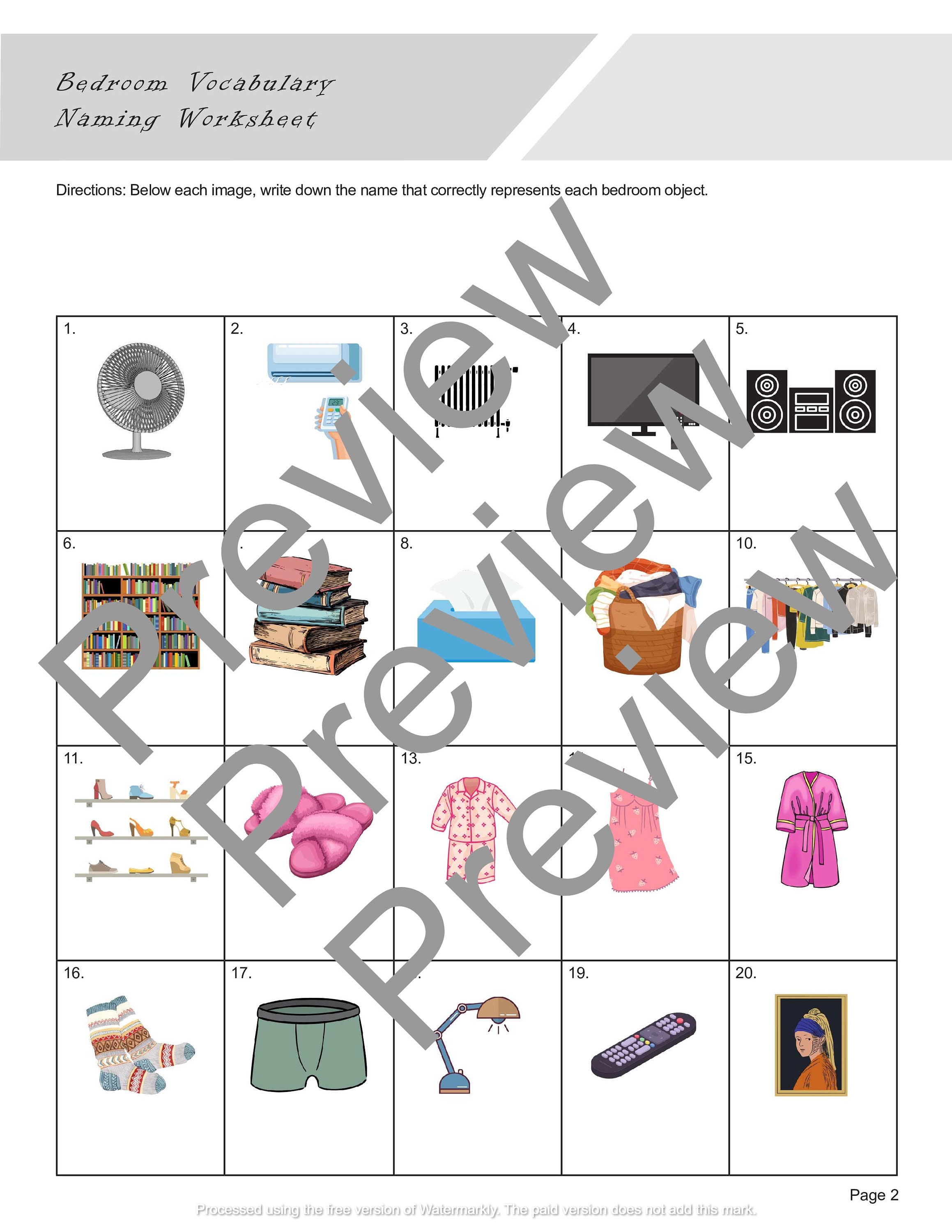 Bedroom Vocabulary Naming Worksheet for English Learners and English ...