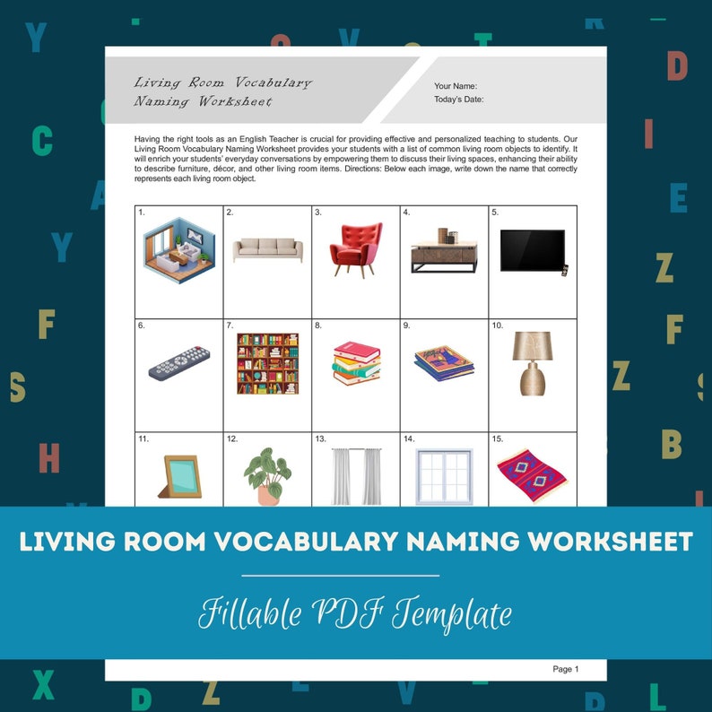 Living Room Vocabulary Naming Worksheet for English Learners and ...