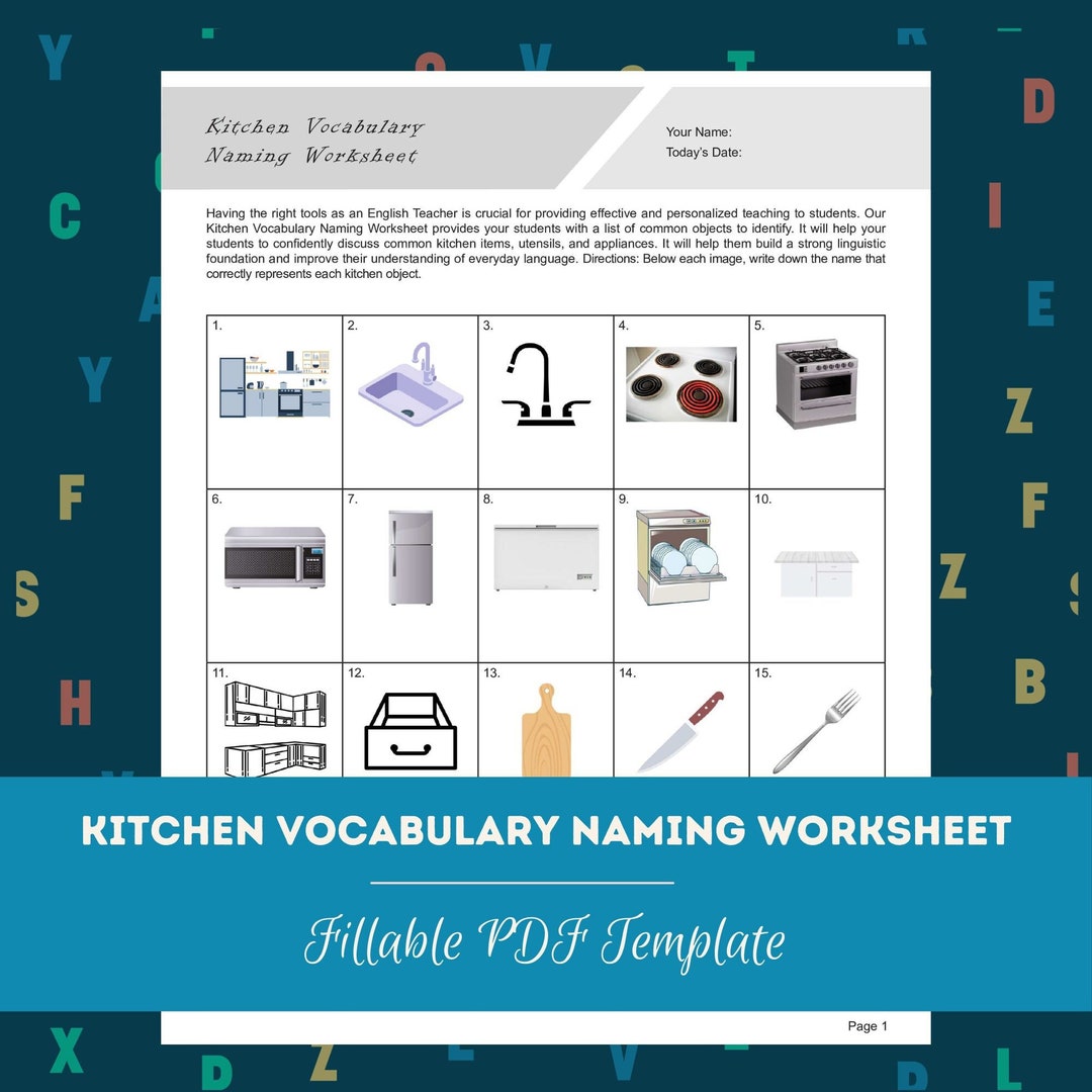 Kitchen Vocabulary Naming Worksheet for English Learners and English ...