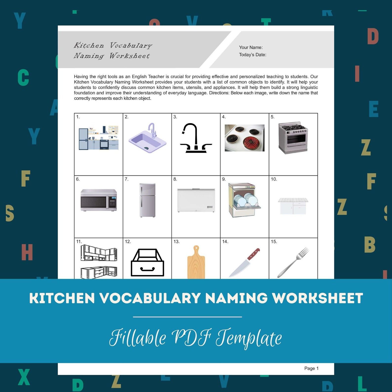 Kitchen Vocabulary Naming Worksheet for English Learners and English ...