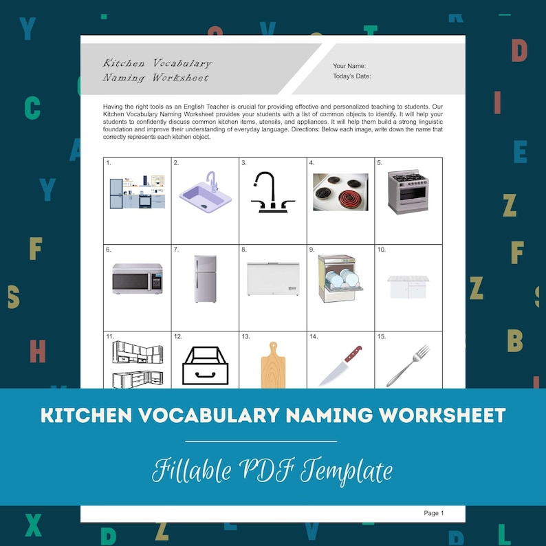 Kitchen Vocabulary Naming Worksheet for English Learners and English ...