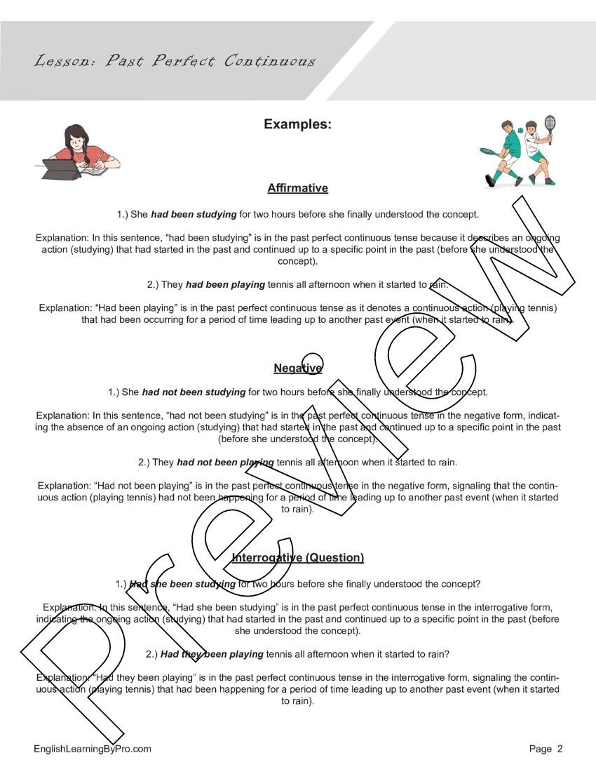 Past Perfect Continuous Tense Verbs Lesson: Introduction + 3 Worksheets ...