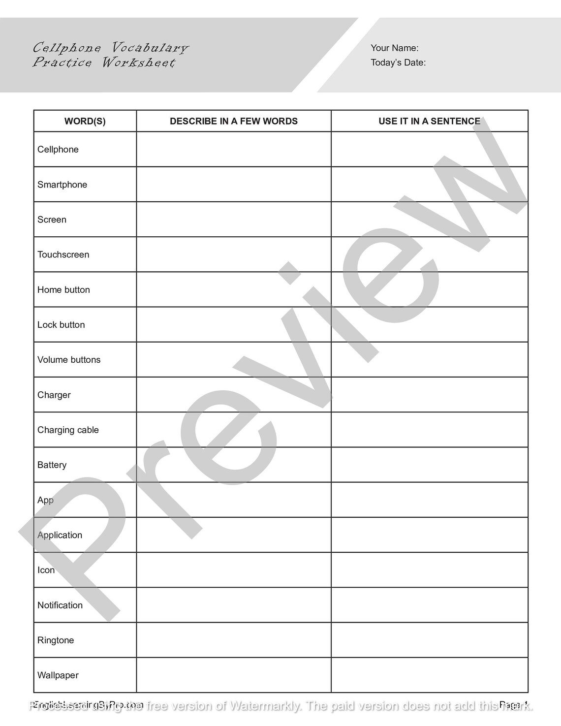 Cellphone Vocabulary Practice Worksheet for English Learners and ...