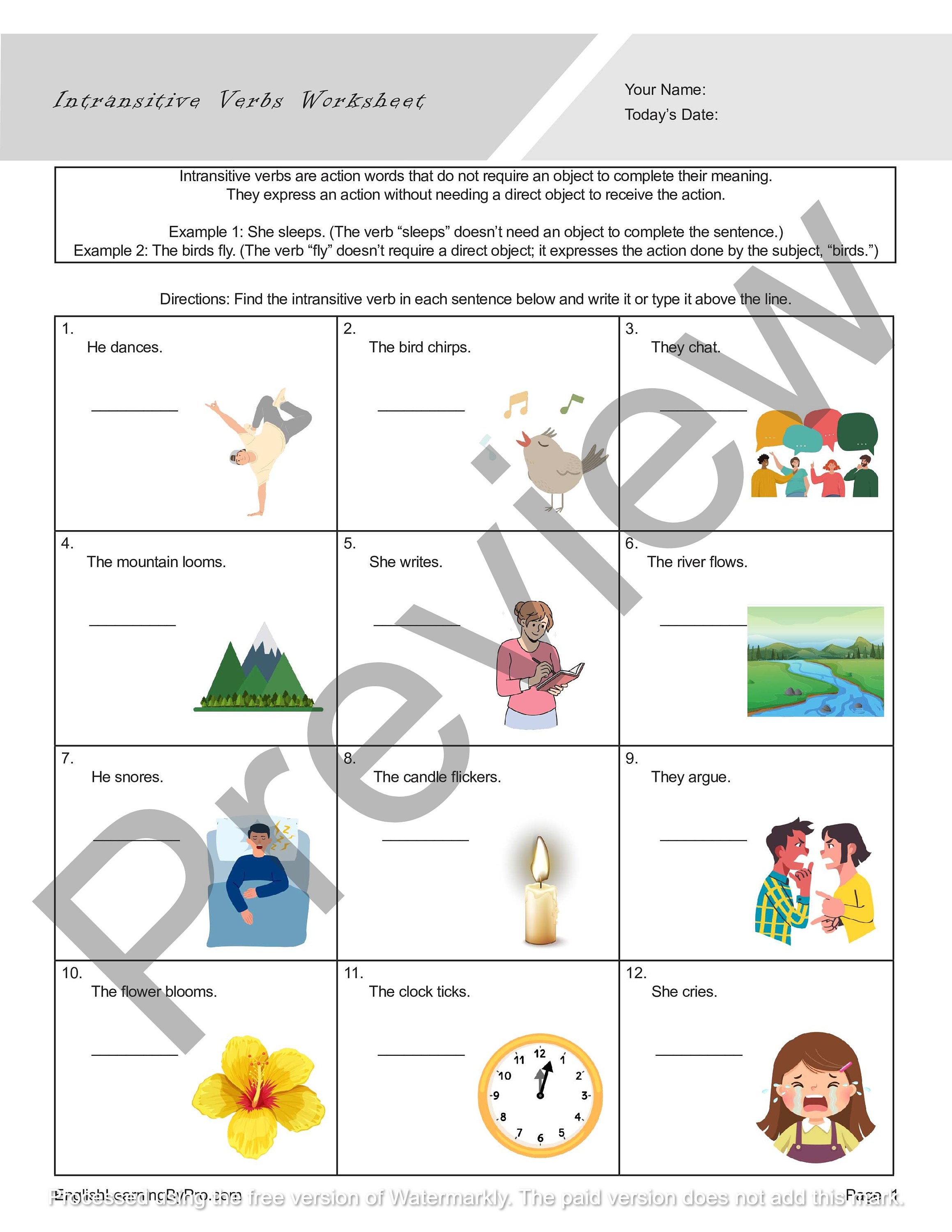 Intransitive Verbs Worksheets Bundle for English Learners and English ...
