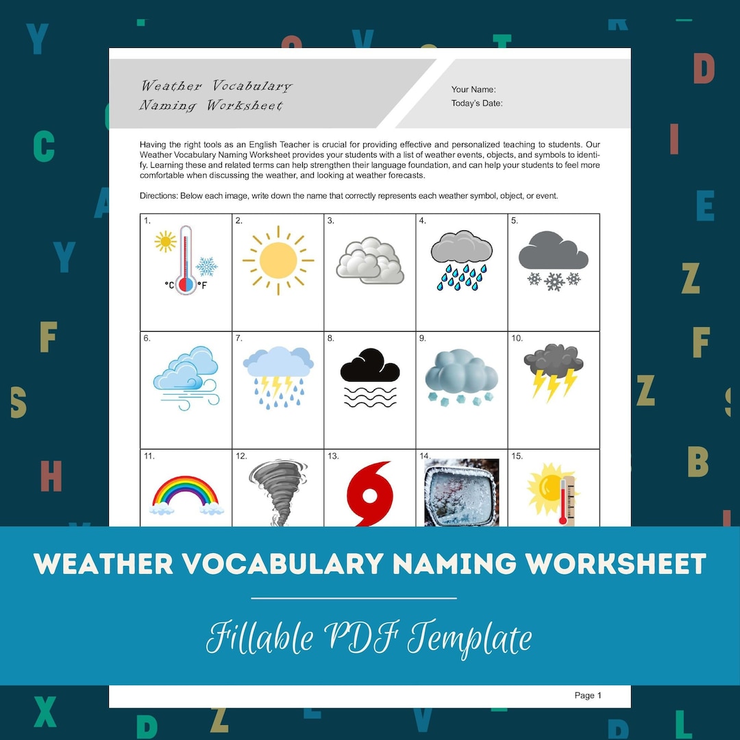 Weather Vocabulary Naming Worksheet for English Learners and English ...