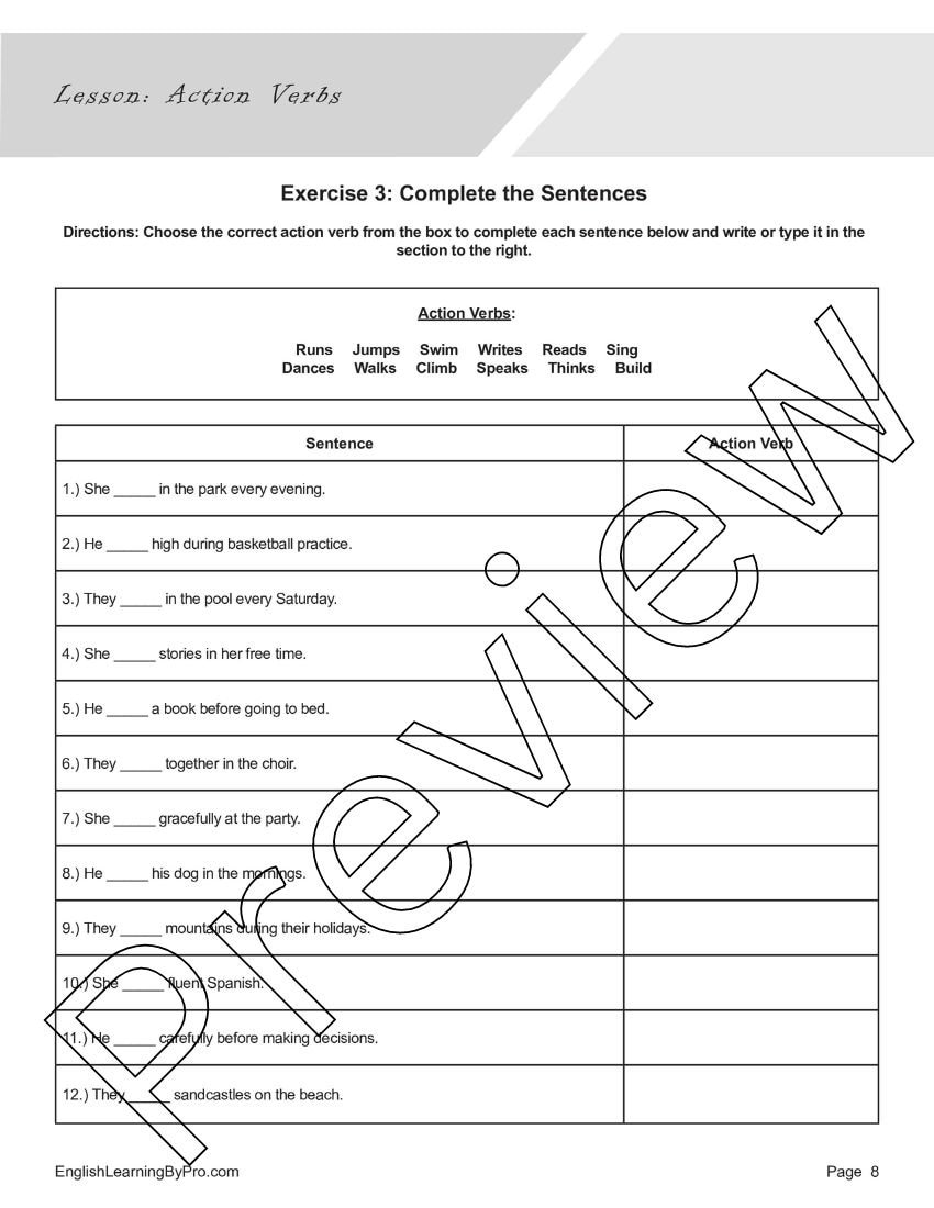 Action Verbs Lesson: Introduction + 4 Worksheets (editable, Fillable ...