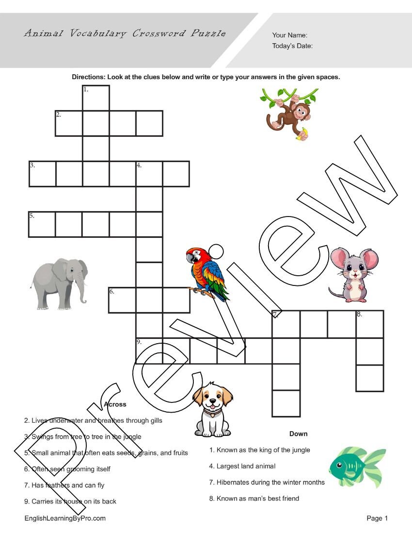 Animal Vocabulary Crossword Puzzle for English Learners and English ...