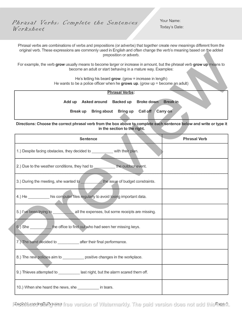 Phrasal Verbs Worksheets Bundle for English Learners and English ...