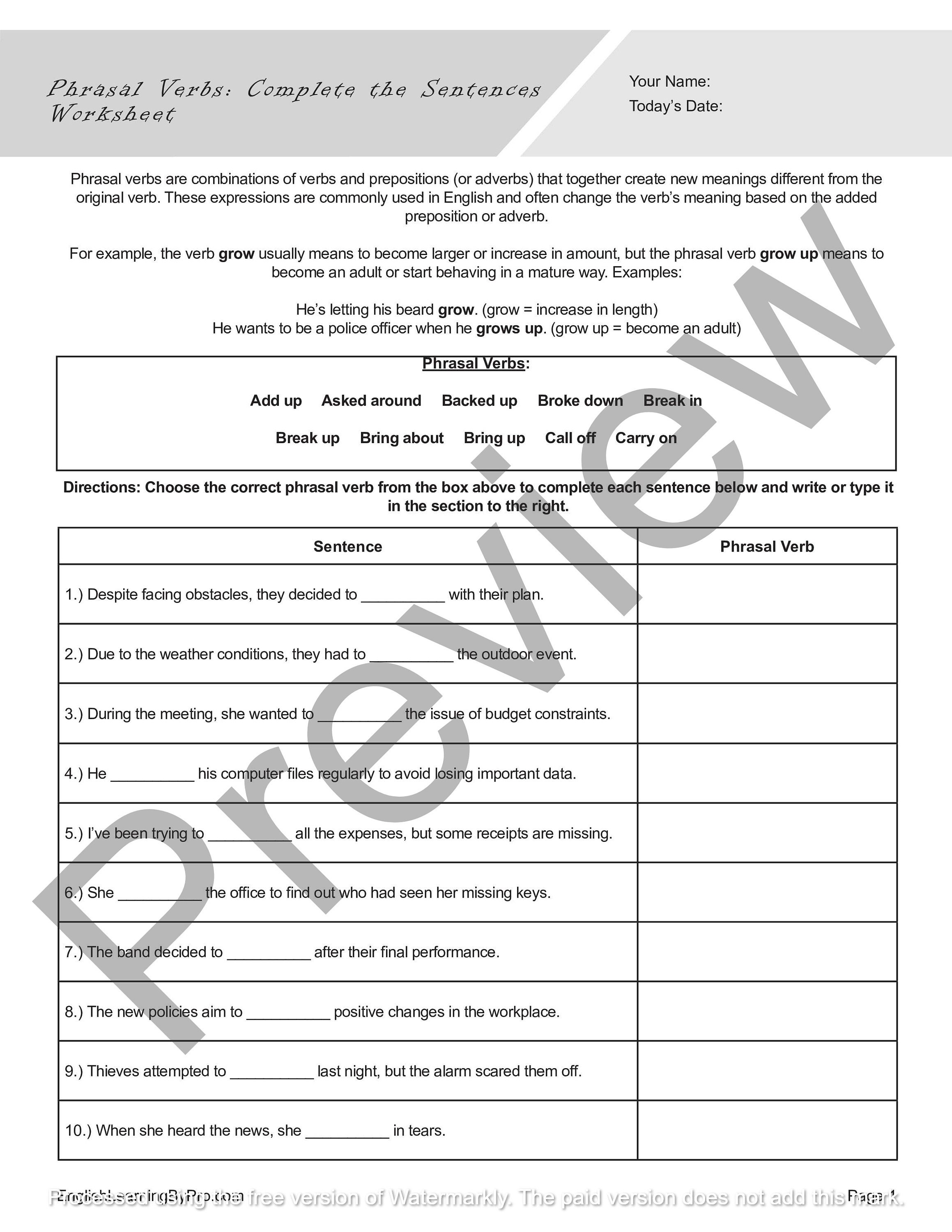 Phrasal Verbs Worksheets Bundle for English Learners and English ...