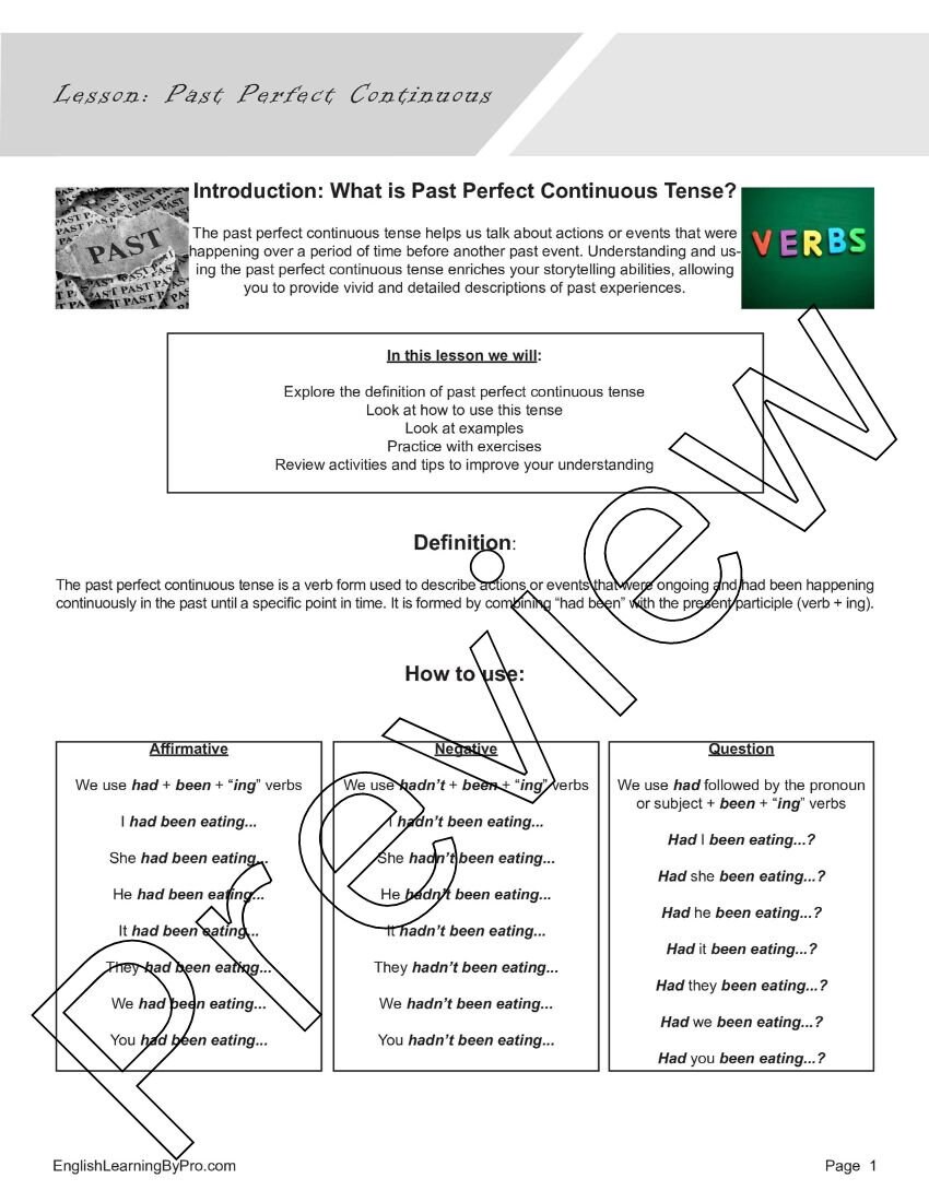 Past Perfect Continuous Tense Verbs Lesson: Introduction + 3 Worksheets ...