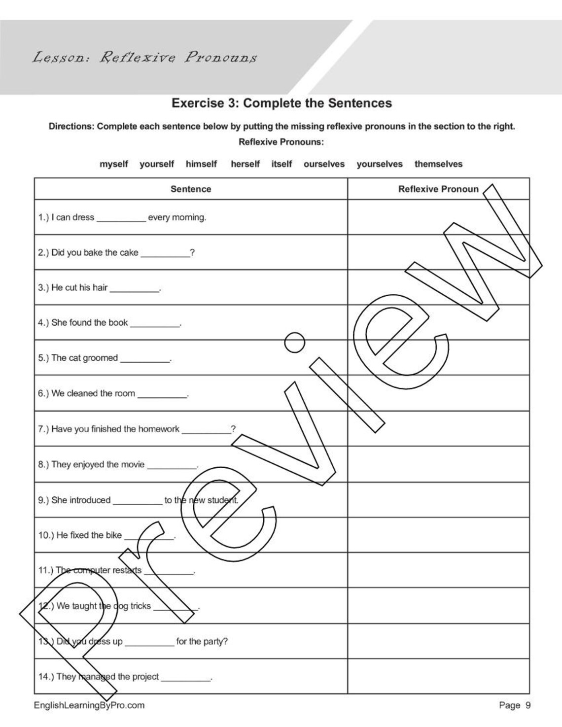 Reflexive Pronouns Lesson: Introduction 3 Worksheets editable, Fillable ...