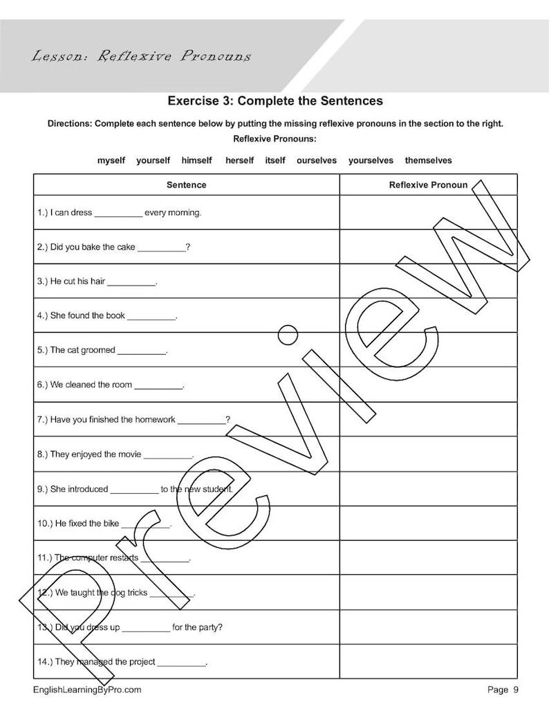 Reflexive Pronouns Lesson: Introduction + 3 Worksheets (editable ...