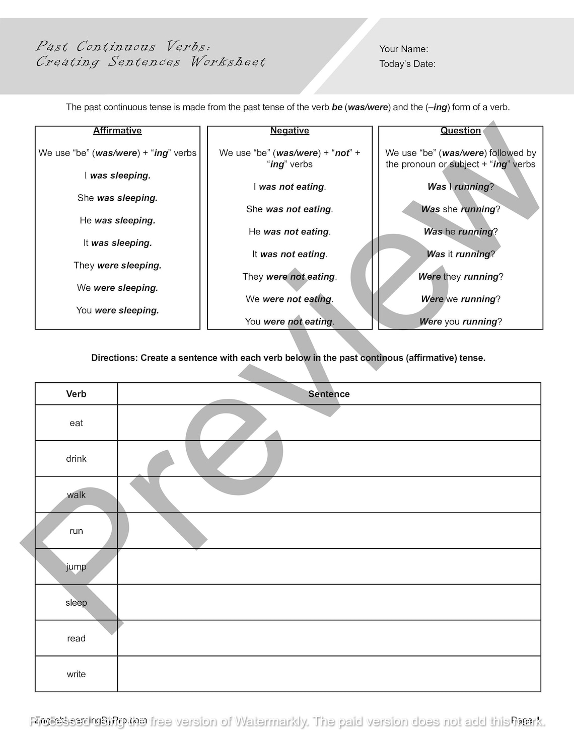 Past Continuous Verbs Worksheets Bundle for English Learners and ...