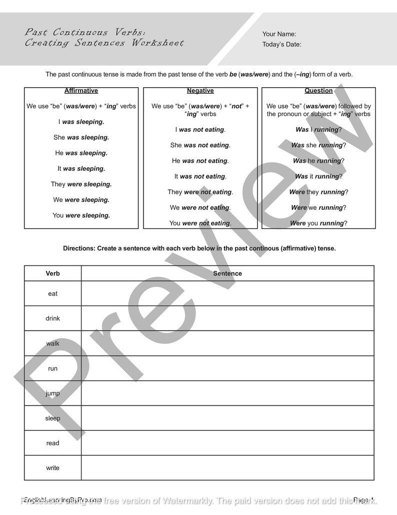 Past Continuous Verbs Worksheets Bundle for English Learners and ...